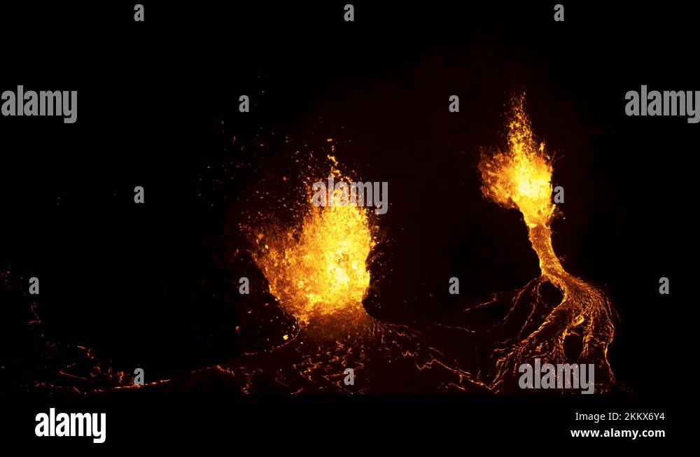 Volcanic magma erupting out from the twin craters at Fagradalsfjall ...