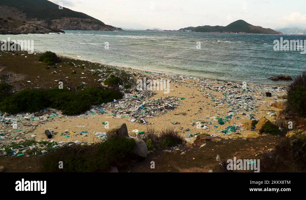 Massive piles of trash polluting exotic Phu Hung beach in Vietnam Stock ...