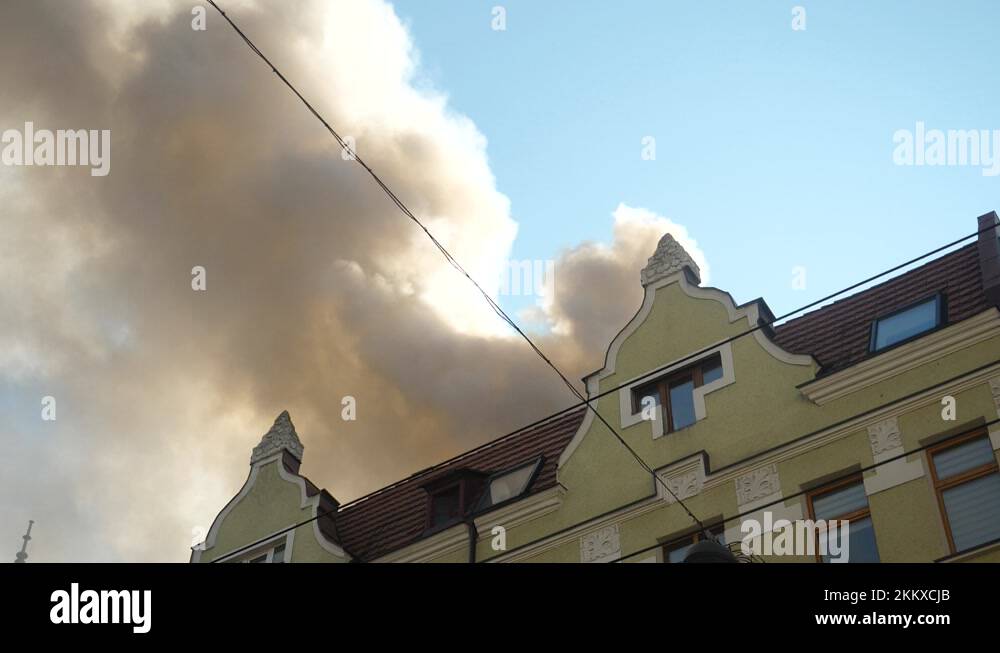 Thick Smoke Cloud Pouring From City Centre Building Fire, Poland Stock ...