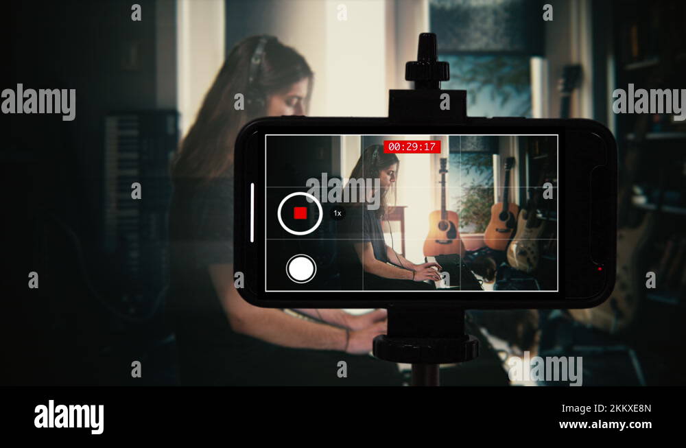 Live Stream Young Musician Playing Keyboard In Home Studio, Smartphone ...
