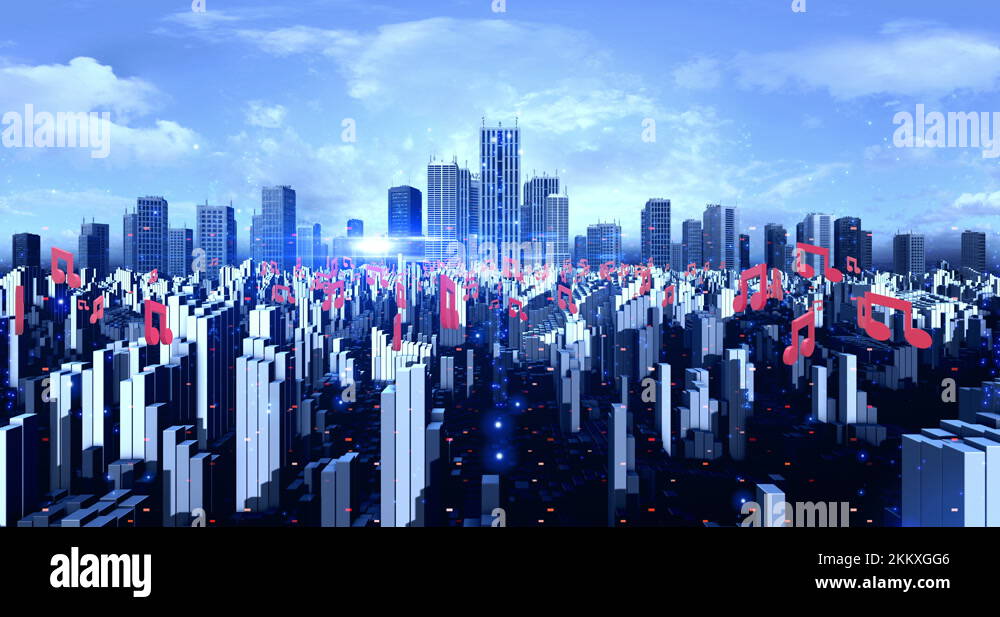 Musical Note Symbols Flying All Over The Developed City Aerial Stock ...