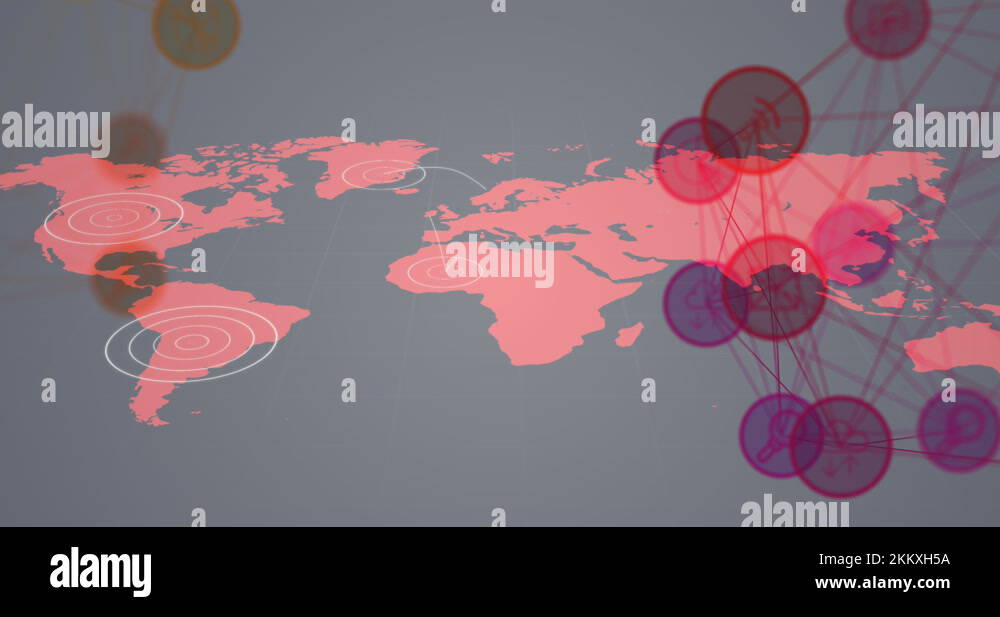 Globe of digital icons spinning against pulsating circles on world map against Stock Video ...