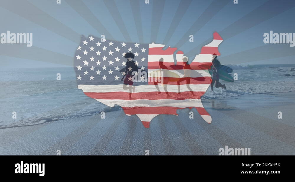 American flag waving over us map against group of friends with surf ...