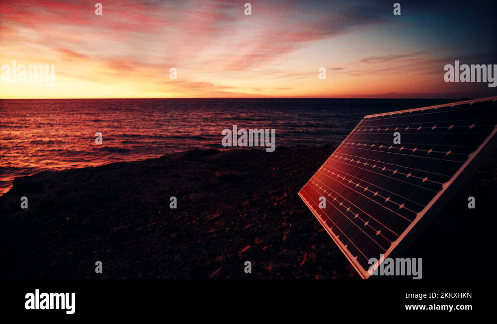 Solar panel on sea at sunrise dawn. Renewable Energy Stock Video ...