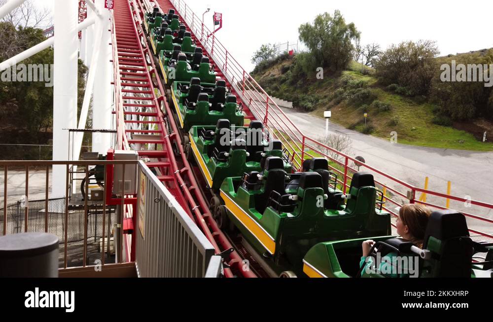 Viper Roller coaster in Six Flags Magic Mountain, California, leaving ...