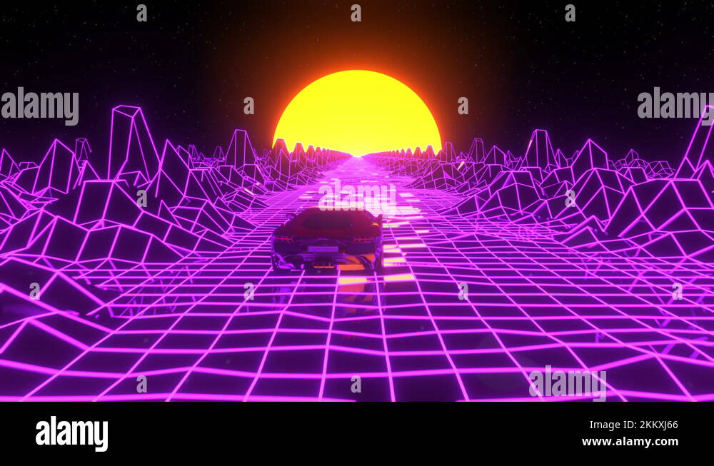 80s Retro Style CGI Animation. Futuristic Sport Car Driving through a ...
