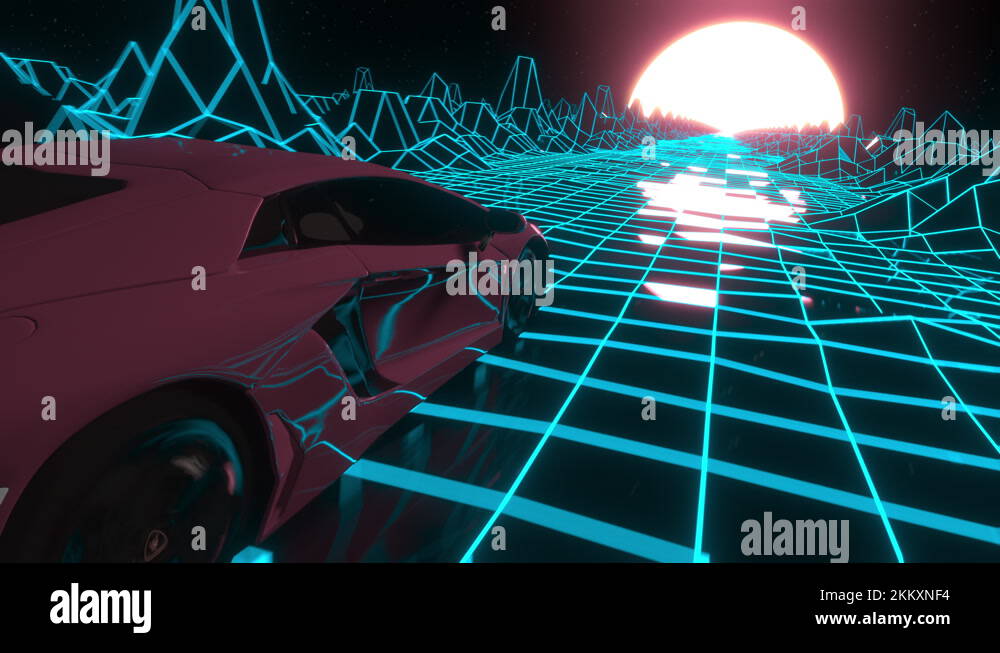 80s Retro Style CGI Animation. Red Sport Car Driving Through a Blue ...