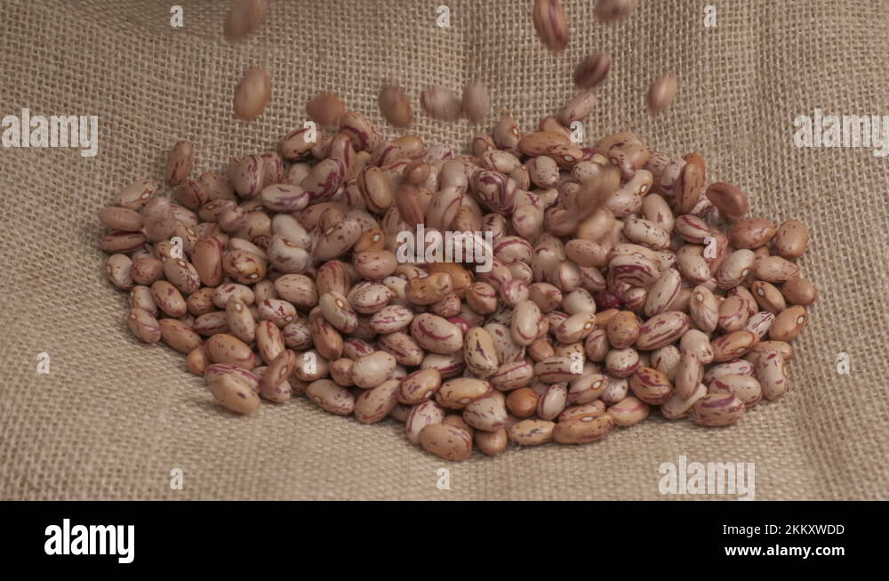 Pile of red dry beans legumes falling on jute at slow motion, organic ...