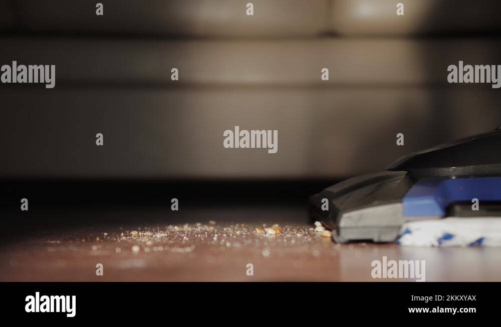 Vertical cleaner vacuuming close-up, cleaning the floor at home ...