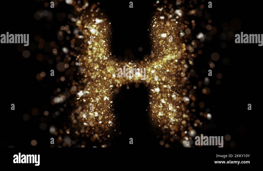 Golden particles letter H fly into camera. Gold glittering alphabet ...