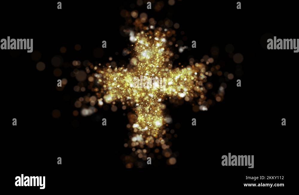 Golden particles plus symbol fly into camera. Gold glittering alphabet ...