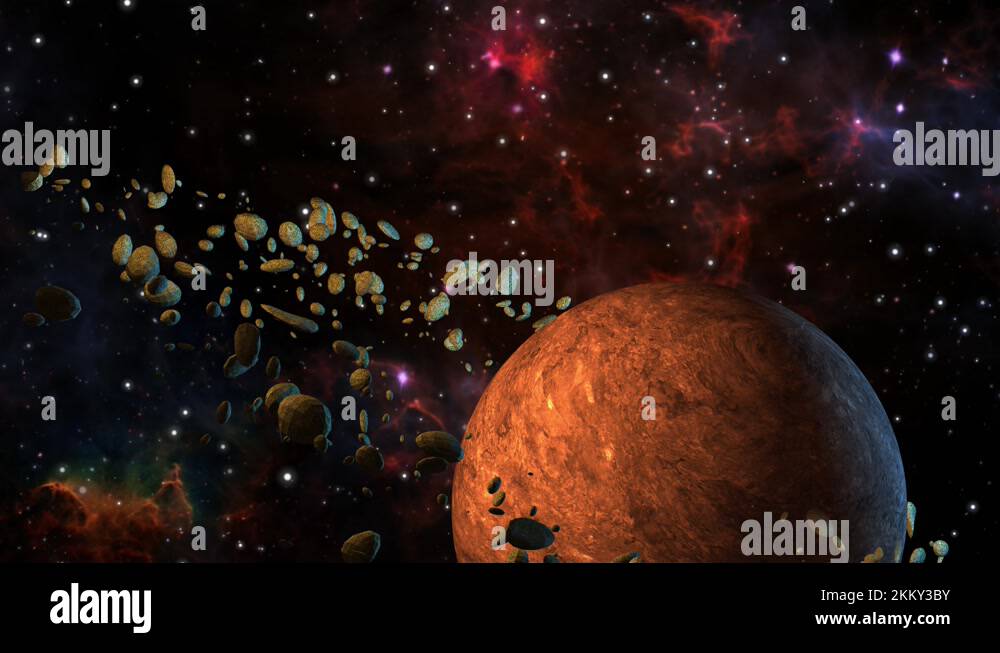 Belt of asteroids orbiting around an alien planet floating in space 4K ...