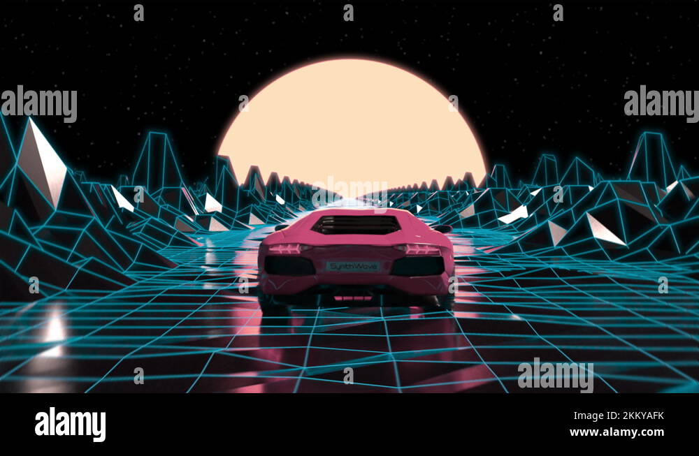 80s Retro Style CGI Animation. Sport Car Driving Through a Blue ...