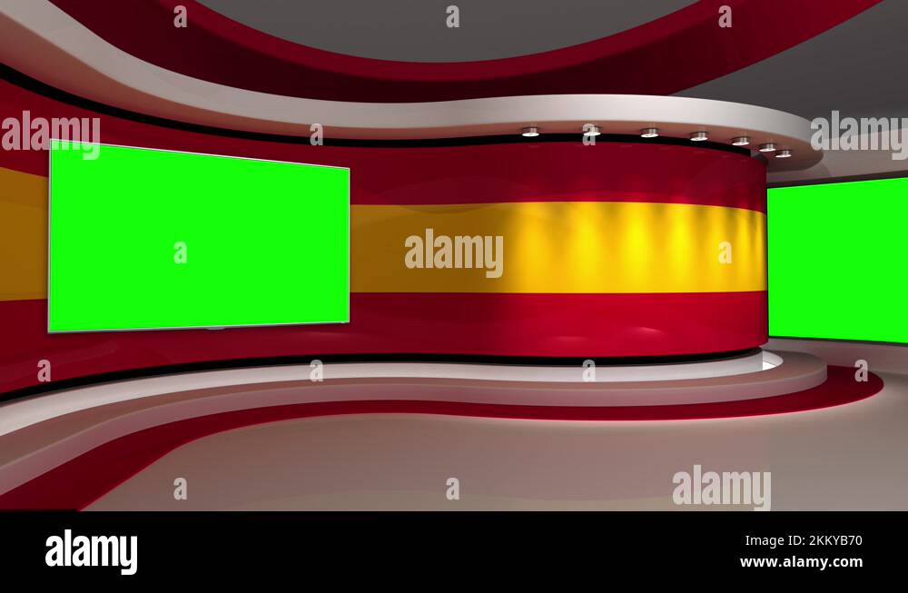 Virtual studio. TV studio. Red and yellow background. Green screen ...