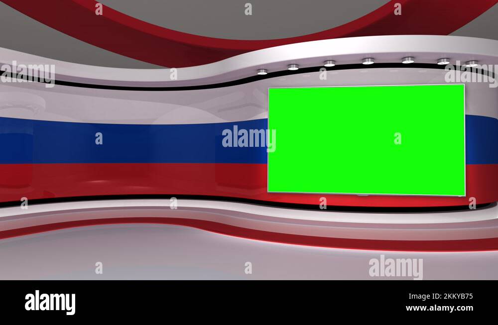 TV studio. Russia. Russian flag. News studio. Green screen. 3d render ...