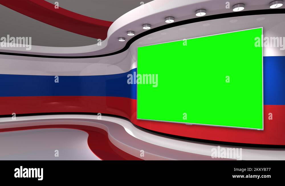 TV studio. Russia. Russian flag. News studio. Green screen. 3d render ...