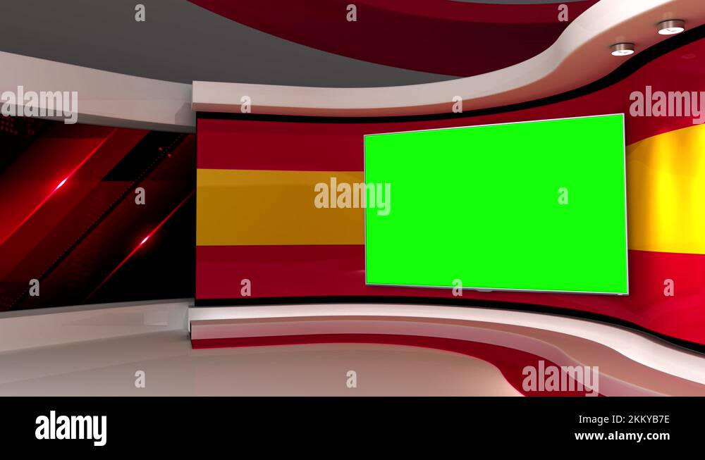 Virtual studio. TV studio. Red and yellow background. Green screen ...