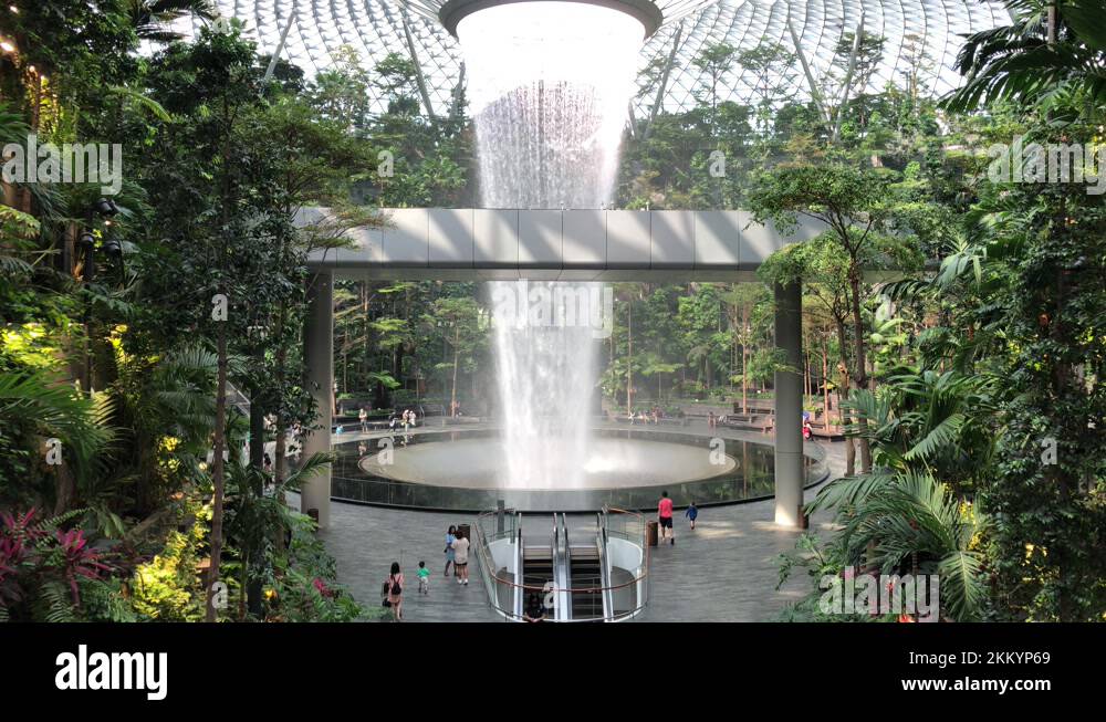Singapore: Jewel terminal rain vortex indoor waterfall at Changi Airport, 4k Stock Video Footage ...