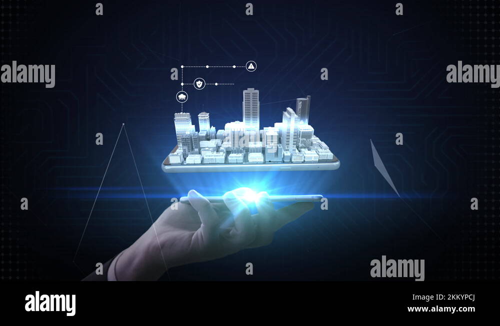 Lifting smartphone. smart city and connect Internet of Things on mobile ...