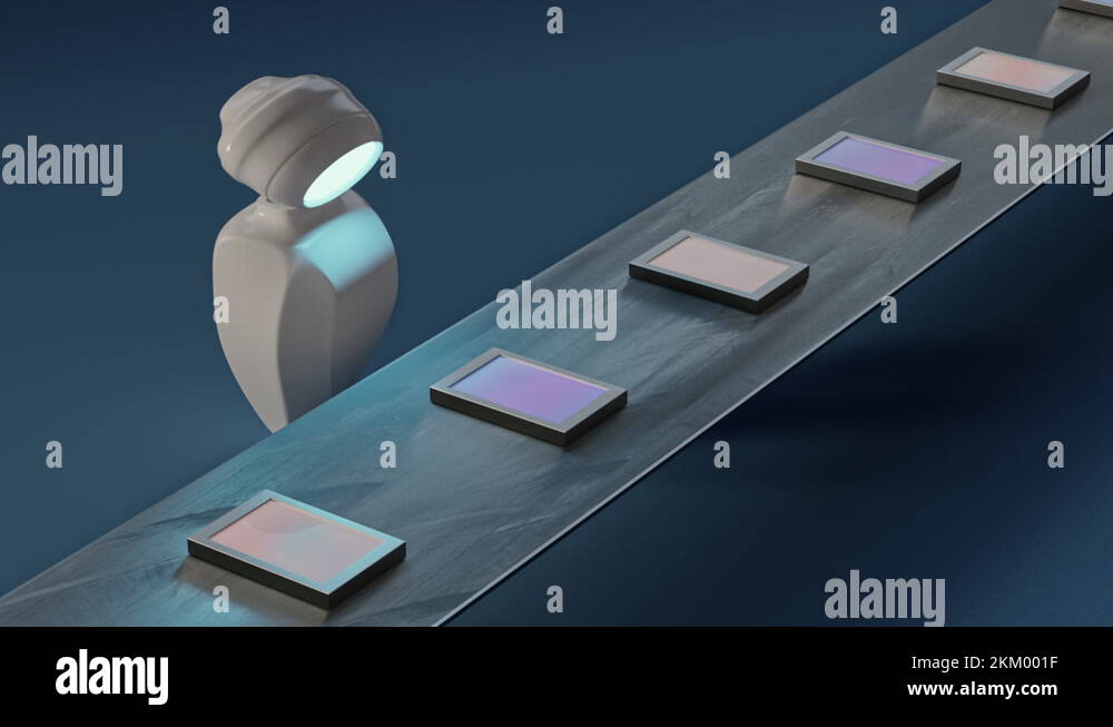 Ai Machine Learning Robot observing by the conveyor belt. Data ...