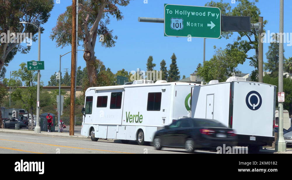 Large white RV trailer motor home preparing enter 101 Freeway in Los ...