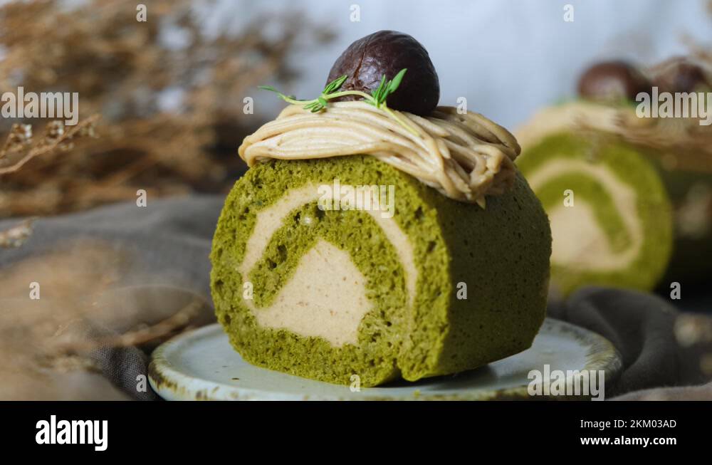 Green Tea Swiss Roll Cake with Chestnut cream filling Stock Video ...