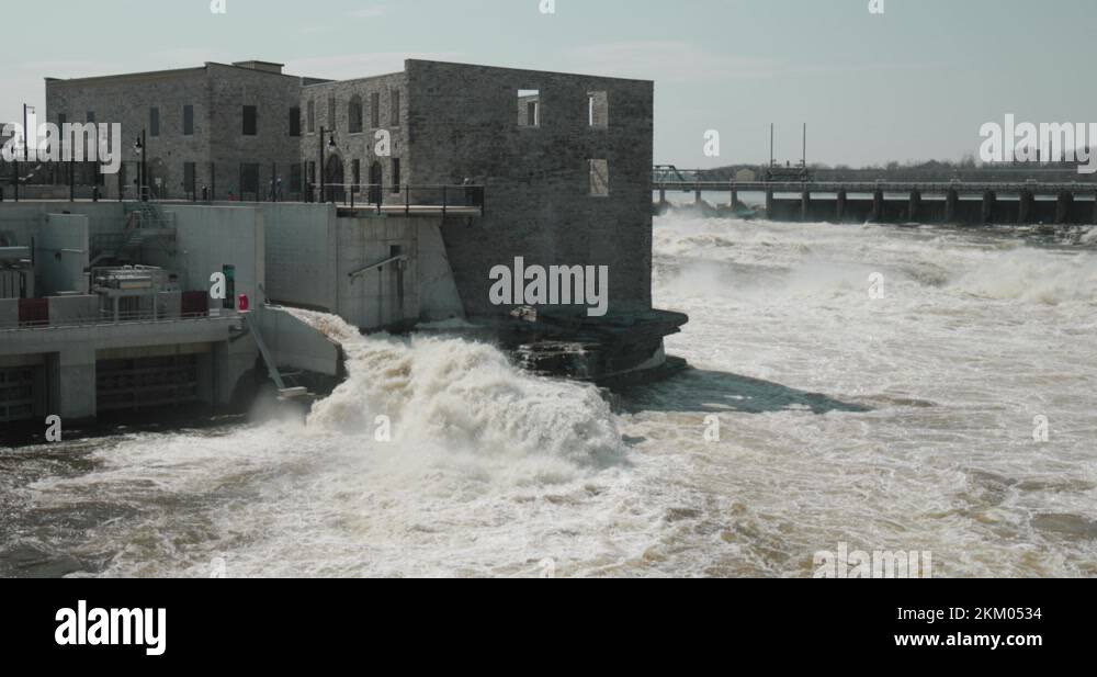 Chaudière Island Hydro electric dam and power generation buildings with ...