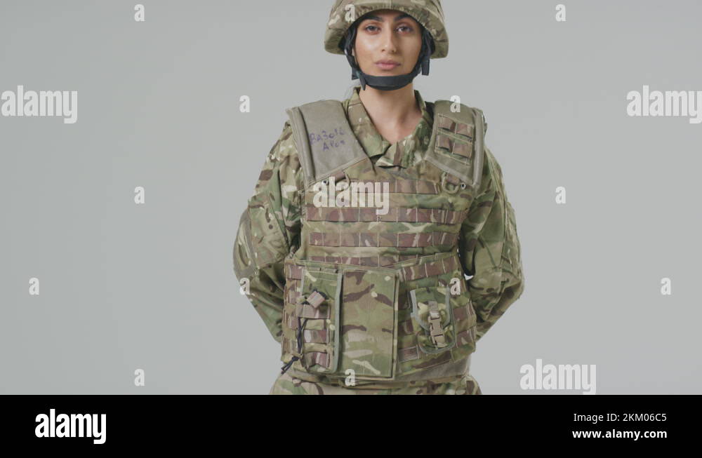 Full Length Studio Portrait Of Serious Young Female Soldier In Military ...