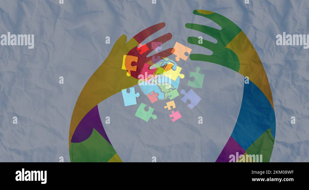 Animation of autism awareness puzzles over globe on crumpled paper ...