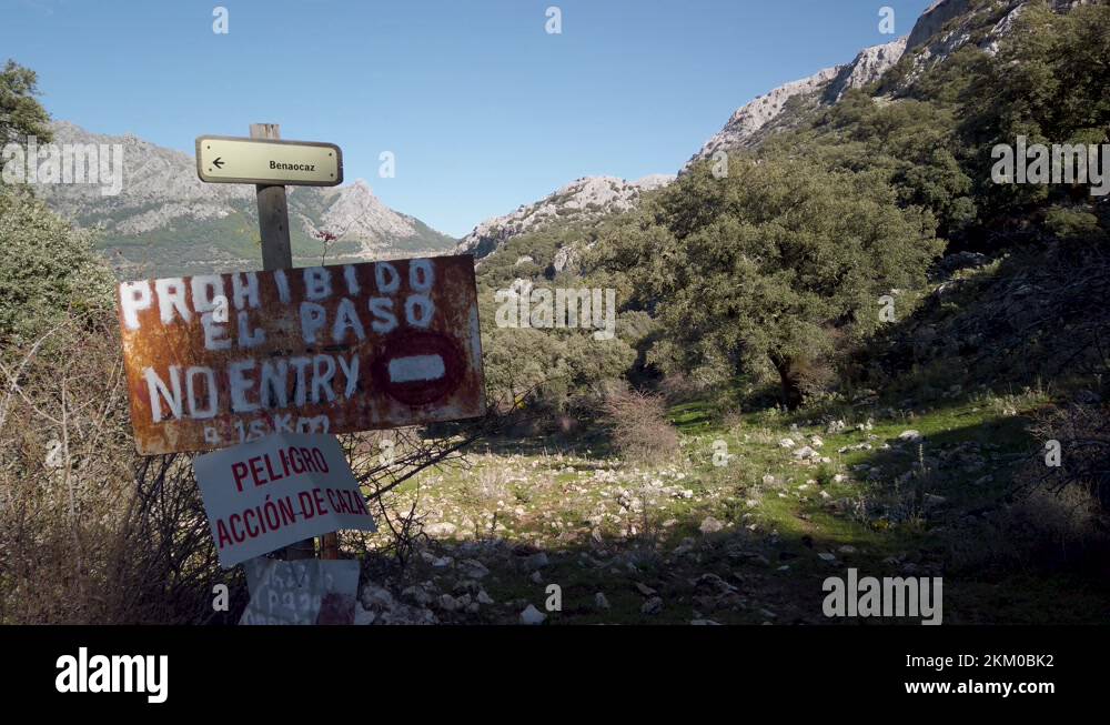 Handwritten NO ENTRY hunting sign in English and Spanish in forest, Pan ...