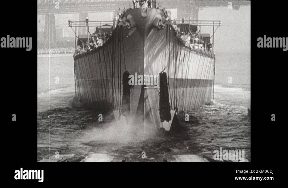 1940s: Navy ship, battleship, and submarine being deployed into water ...