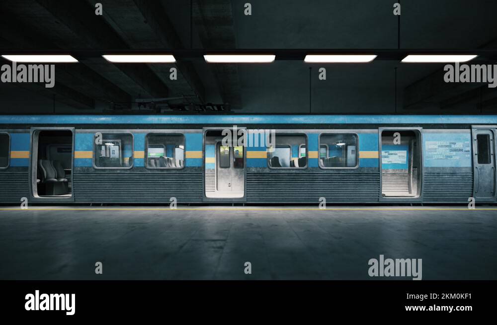 Subway train arriving to empty metro station. Empty train in subway ...