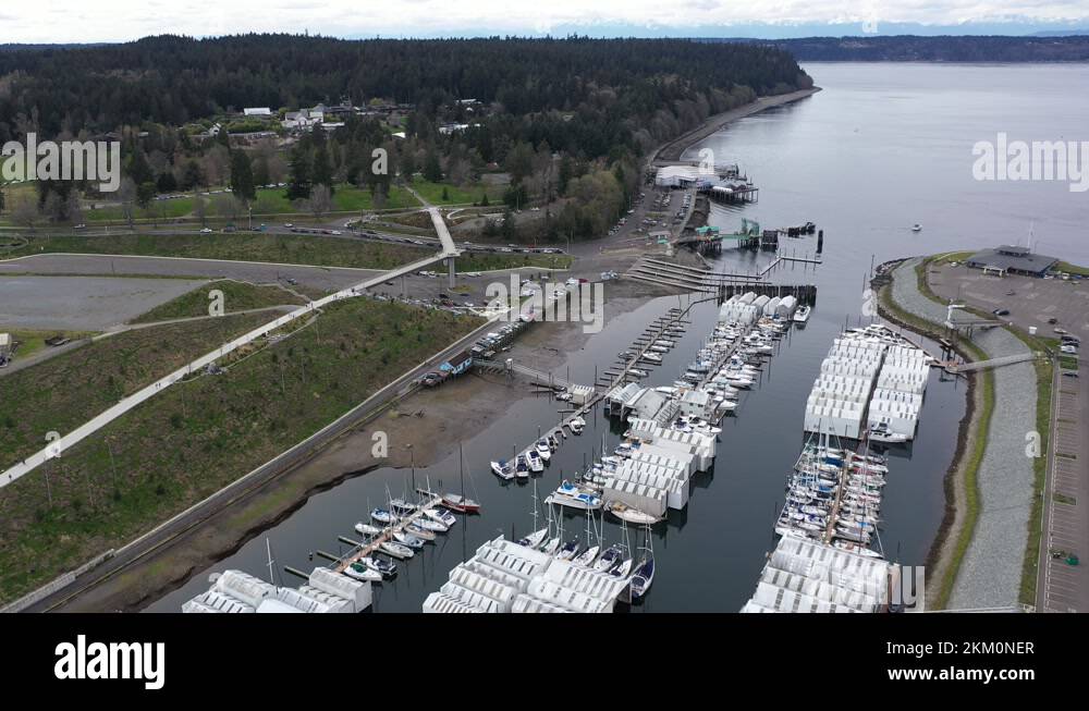 Cinematic aerial drone footage of Point Ruston, The Vashon Island ferry ...