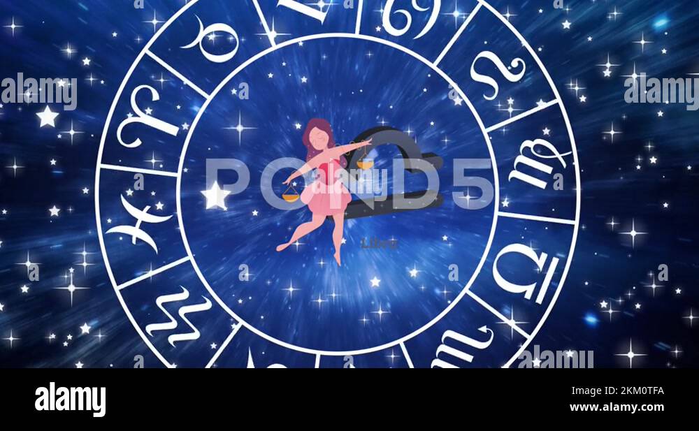 Animation of libra star sign inside spinning wheel of zodiac signs over ...