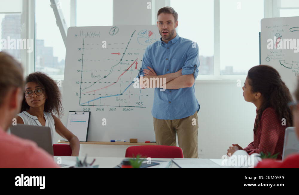 Strict boss scolding team meeting room. Annoyed man arguing colleagues ...