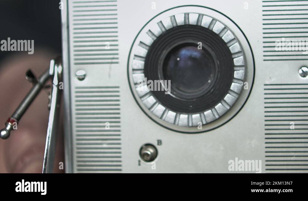 Old vintage camera mechanism work, shutter speed. Taking photo. Macro ...