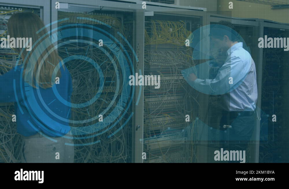 Animation of scopes scanning on screen over man and woman checking computer Stock Video Footage ...