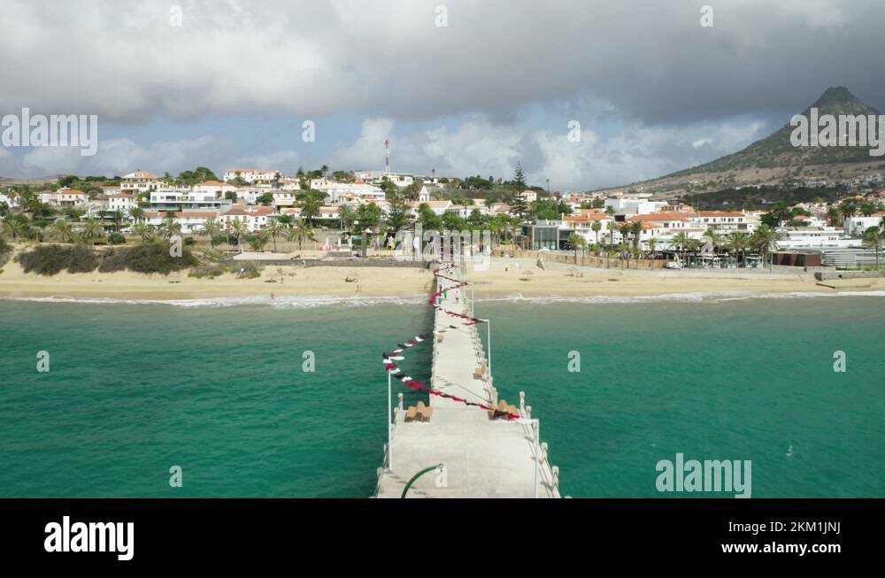 Aerial of Pier at Vila Baleira on Porto Santo Island, Praia da Fontinha ...