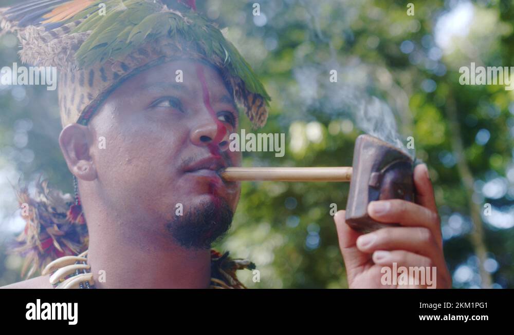 Indian chief from the Patax tribe smoking pipe . Brazilian Indian with ...