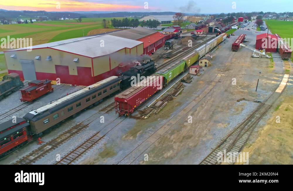 An Aerial View of an Antique Restored Steam Train and Passenger Coaches ...