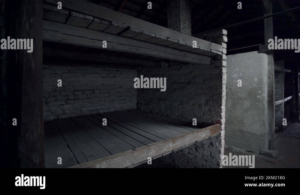 Prisoner bunk beds in barracks at Birkenau concentration camp, part of ...