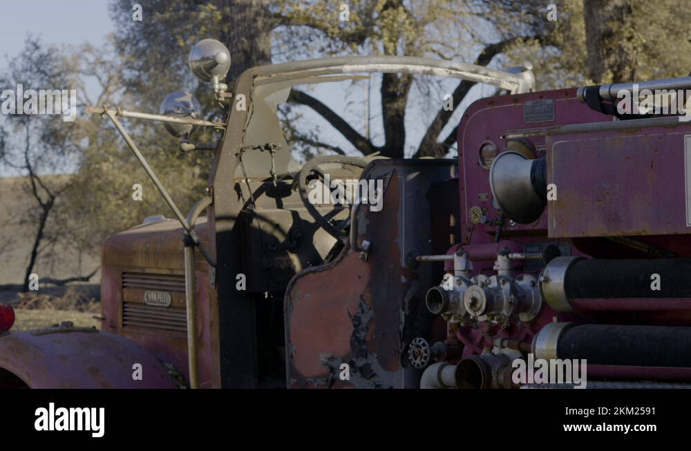 Burnt Vehicle Fire Truck from Wild Fire - Subtle Movement Stock Video ...