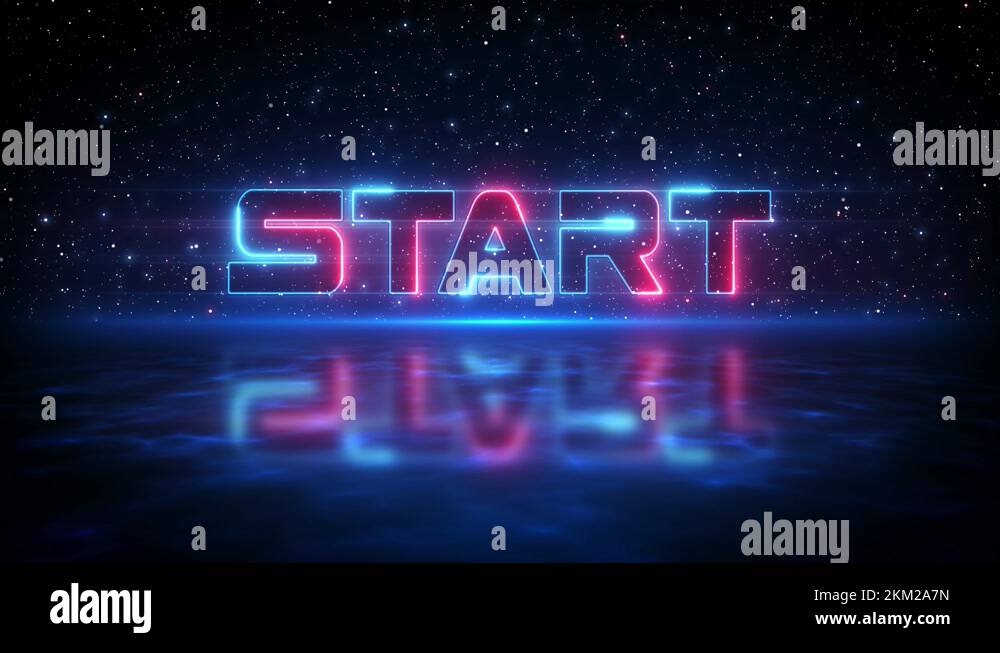 Start Lettering Neon Light On Dark Blue Starry Sky And Light Reflection ...