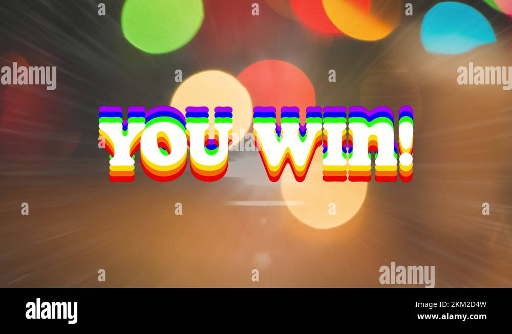 Animation of you win text in rainbow colours over colourful spots on ...
