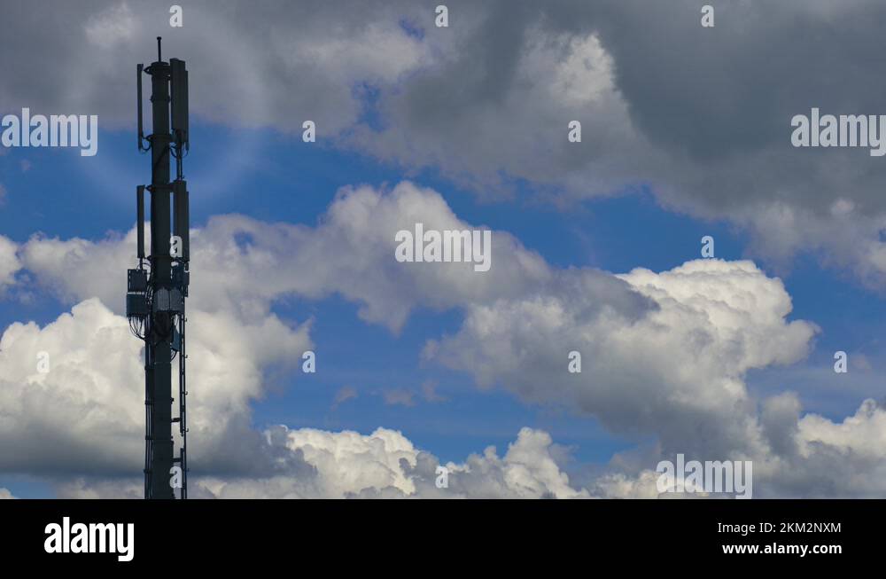 5G animation of telecommunication network tower with signal in front of ...