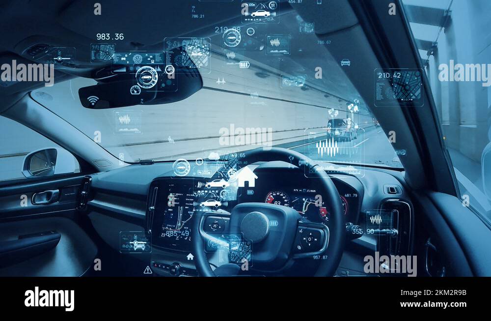 Cockpit of autonomous car concept. ITS (Intelligent Transport Systems ...