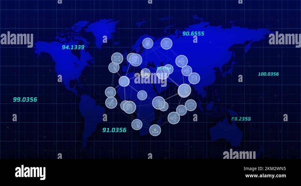 Animation of globe with icons and numbers changing over world map Stock ...