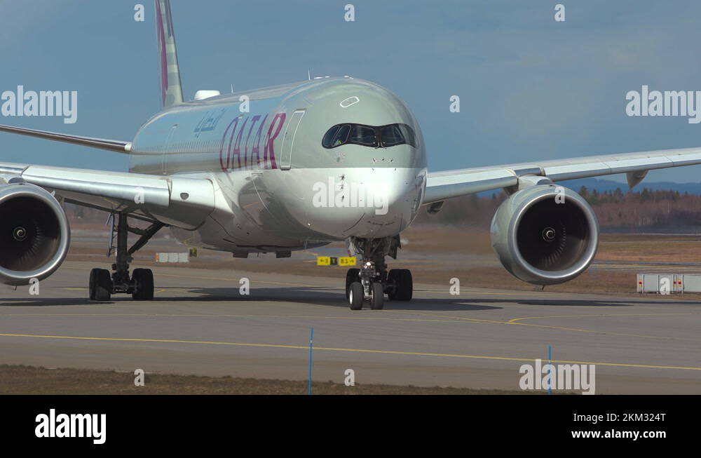 airplane airbus a350 taxiing front side view turning pilot in cockpit ...