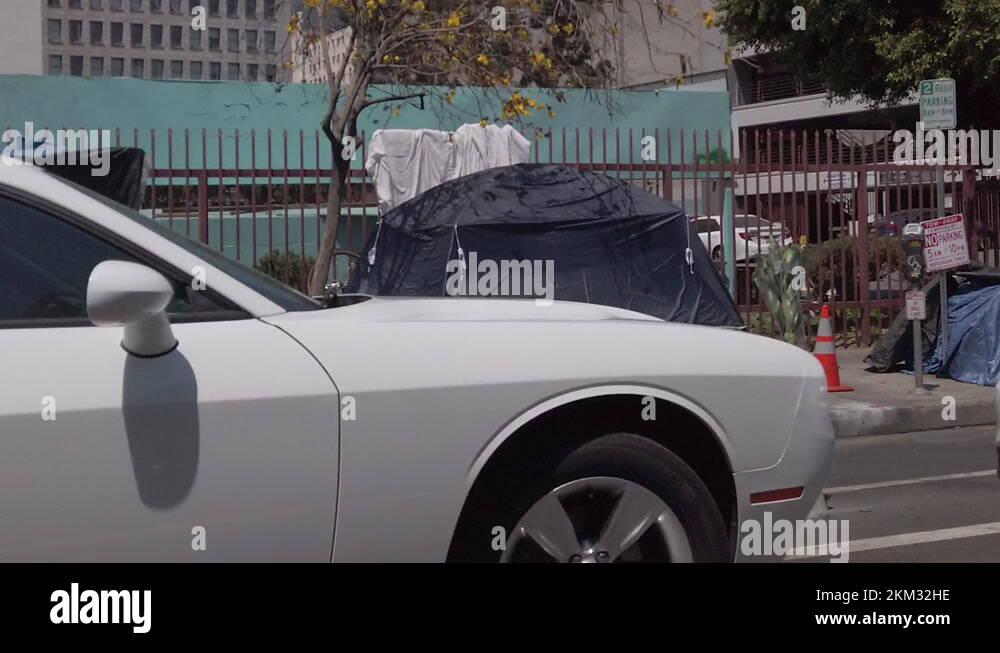 Homeless Tents Line Sidewalks Of Main Street In Downtown Los Angeles