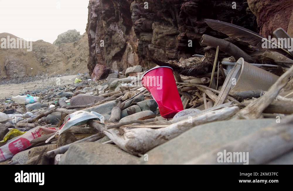 Environmental pollution on the beach. Spilled garbage on the beach ...